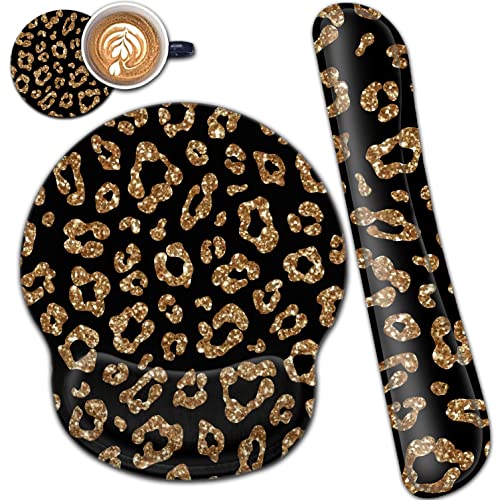 Ergonomic Mouse Pad Gel Wrist Support and Memory Foam Keyboard Wrist Rest Set, for Gaming Computer Office Laptop Easy Typing Wireless Mouse Mat, Gold Glitter Leopard Black Office Desk Pad