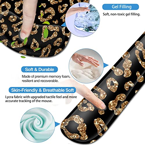 Ergonomic Mouse Pad Gel Wrist Support and Memory Foam Keyboard Wrist Rest Set, for Gaming Computer Office Laptop Easy Typing Wireless Mouse Mat, Gold Glitter Leopard Black Office Desk Pad