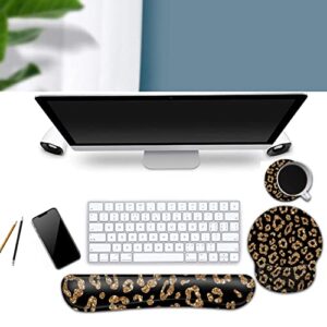 Ergonomic Mouse Pad Gel Wrist Support and Memory Foam Keyboard Wrist Rest Set, for Gaming Computer Office Laptop Easy Typing Wireless Mouse Mat, Gold Glitter Leopard Black Office Desk Pad