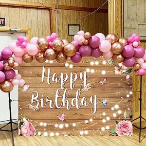 Pink Birthday Party Decorations,Butterfly Rustic Wood Flowers Happy Birthday Backdrop Banner Hot Pink Balloon Arch Garland Kit for Women Girl Birthday Party Supplies