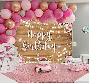 Pink Birthday Party Decorations,Butterfly Rustic Wood Flowers Happy Birthday Backdrop Banner Hot Pink Balloon Arch Garland Kit for Women Girl Birthday Party Supplies