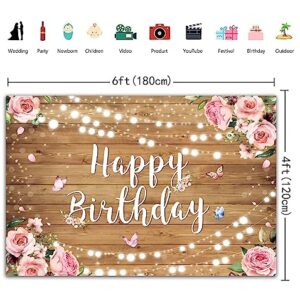 Pink Birthday Party Decorations,Butterfly Rustic Wood Flowers Happy Birthday Backdrop Banner Hot Pink Balloon Arch Garland Kit for Women Girl Birthday Party Supplies