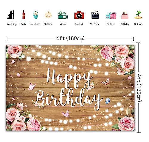 Pink Birthday Party Decorations,Butterfly Rustic Wood Flowers Happy Birthday Backdrop Banner Hot Pink Balloon Arch Garland Kit for Women Girl Birthday Party Supplies