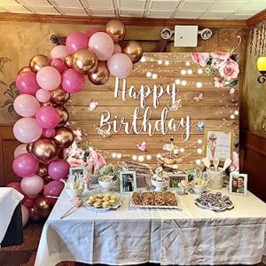 Pink Birthday Party Decorations,Butterfly Rustic Wood Flowers Happy Birthday Backdrop Banner Hot Pink Balloon Arch Garland Kit for Women Girl Birthday Party Supplies