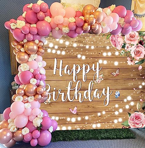 Pink Birthday Party Decorations,Butterfly Rustic Wood Flowers Happy Birthday Backdrop Banner Hot Pink Balloon Arch Garland Kit for Women Girl Birthday Party Supplies