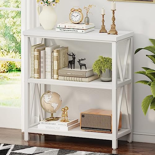 FATORRI Small Bookcase, Bookshelf for Small Space, Short Rustic Bookshelf, Wood and Metal Book Case and Book Shelf (White Oak)