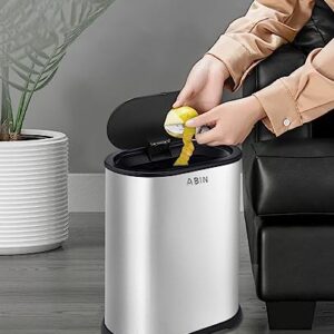 IRISVO Bathroom Trash Can with Press Top Lid, 2.1 Gallon Small Slim Trash Can, Stainless Steel Narrow Garbage Can Wastebasket Trash Can,Removable Liner Bucket Trash Bin for Bathroom,Bedroom(Silver)