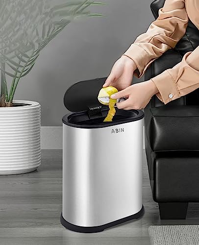 IRISVO Bathroom Trash Can with Press Top Lid, 2.1 Gallon Small Slim Trash Can, Stainless Steel Narrow Garbage Can Wastebasket Trash Can,Removable Liner Bucket Trash Bin for Bathroom,Bedroom(Silver)