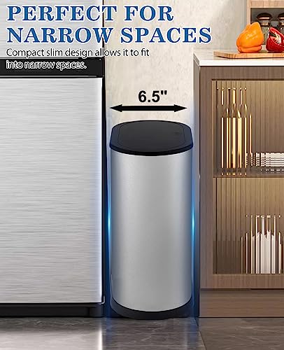 IRISVO Bathroom Trash Can with Press Top Lid, 2.1 Gallon Small Slim Trash Can, Stainless Steel Narrow Garbage Can Wastebasket Trash Can,Removable Liner Bucket Trash Bin for Bathroom,Bedroom(Silver)