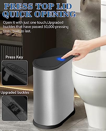 IRISVO Bathroom Trash Can with Press Top Lid, 2.1 Gallon Small Slim Trash Can, Stainless Steel Narrow Garbage Can Wastebasket Trash Can,Removable Liner Bucket Trash Bin for Bathroom,Bedroom(Silver)