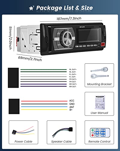 Roinvou Car Radio Bluetooth Single DIN Car Stereo Audio, MP3 Player Car Stereo 1 DIN with Bluetooth Handsfree/FM/Dual USB/TF/AUX/Fast Charging, Built-in Microphone, Multi Color LCD, Not a CD Player