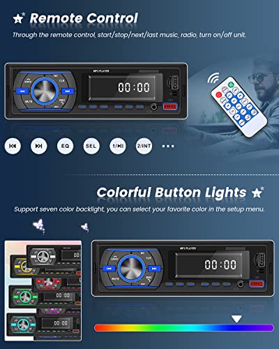 Roinvou Car Radio Bluetooth Single DIN Car Stereo Audio, MP3 Player Car Stereo 1 DIN with Bluetooth Handsfree/FM/Dual USB/TF/AUX/Fast Charging, Built-in Microphone, Multi Color LCD, Not a CD Player