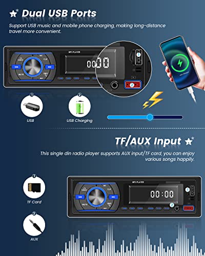 Roinvou Car Radio Bluetooth Single DIN Car Stereo Audio, MP3 Player Car Stereo 1 DIN with Bluetooth Handsfree/FM/Dual USB/TF/AUX/Fast Charging, Built-in Microphone, Multi Color LCD, Not a CD Player