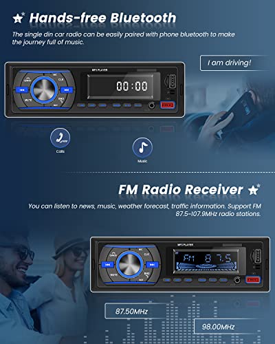 Roinvou Car Radio Bluetooth Single DIN Car Stereo Audio, MP3 Player Car Stereo 1 DIN with Bluetooth Handsfree/FM/Dual USB/TF/AUX/Fast Charging, Built-in Microphone, Multi Color LCD, Not a CD Player