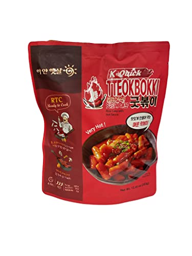 K-Quick Hot Tteokbokki Rice Cake with Hot Sauce Ready to Cook 굿볶이핫 Traditional Korean Meal. Spicy Savory Meal. Gluten Free – 12.8 Oz (pack of 4)