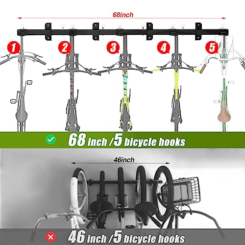 Sttoraboks Bike Storage Rack, Garage Wall Mount Hanger, Indoor Bicycle Organizer with Adjustable Hooks for Home and Garage, 67-inch Cycle Stand Holds 5 Bikes, Wall Bike Stand Up to 300lbs