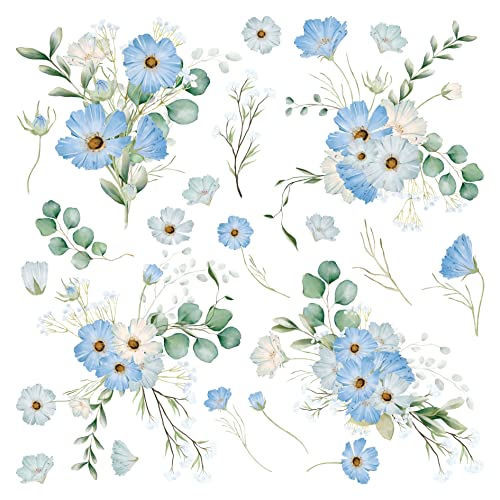 Powder Blue Flower Rub on Transfer, 6 x 6 inch Sheet - Dry Rub-On/Off Transfers Stickers for Decoupage Scrapbooking Crafts Mixed Media Collage Art