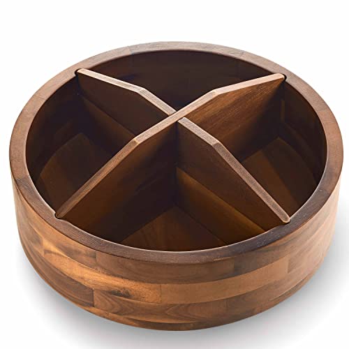 TIDITA 12" Acacia Lazy Susan Organizer with 4 Dividers - Wooden Lazy Susan Turntable for Table, Countertop - Kitchen Storage Food Bin Container for Spices, Cabinet, Fridge, Pantry (Acacia Wood)