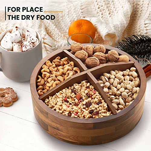 TIDITA 12" Acacia Lazy Susan Organizer with 4 Dividers - Wooden Lazy Susan Turntable for Table, Countertop - Kitchen Storage Food Bin Container for Spices, Cabinet, Fridge, Pantry (Acacia Wood)