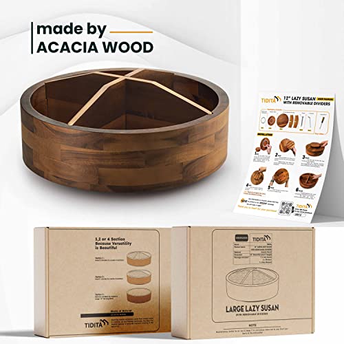 TIDITA 12" Acacia Lazy Susan Organizer with 4 Dividers - Wooden Lazy Susan Turntable for Table, Countertop - Kitchen Storage Food Bin Container for Spices, Cabinet, Fridge, Pantry (Acacia Wood)