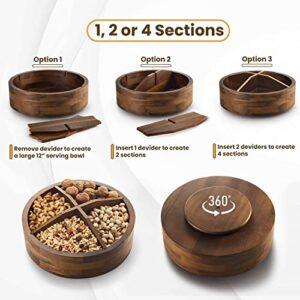 TIDITA 12" Acacia Lazy Susan Organizer with 4 Dividers - Wooden Lazy Susan Turntable for Table, Countertop - Kitchen Storage Food Bin Container for Spices, Cabinet, Fridge, Pantry (Acacia Wood)