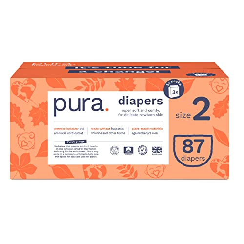 Pura Size 2 Eco-Friendly Diapers (7-13 lbs) Hypoallergenic, Soft Organic Cotton Comfort, Sustainable, Wetness Indictor. Allergy UK, Recyclable Paper Packaging. 3 Packs of 29 Diapers (87 Diapers)