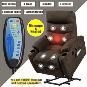 Jmaxo Electric Power Lift Recliner Chair Sofa with Massage and Heat for Elderly,3 Positions,2 Side Pockets and Cup Holders,USB Ports, High-end Quality Fabric for Living Room Bedroom, Brown