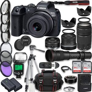 canon eos r7 mirrorless camera rf-s 18-45mm f/4.5-6.3 is stm + ef 75-300mm iii + rf 50mm f/1.8 stm + 420-800mm hd lenses + 2x 64gb memory cards, ttl flash, extra battery, tripod & more (renewed)