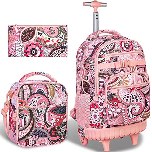 AGSDON Rolling Backpack for Girls, Women Roller Wheels Bookbag, Laptop Wheeled School Bag with Wheels for Teens - Pink 01