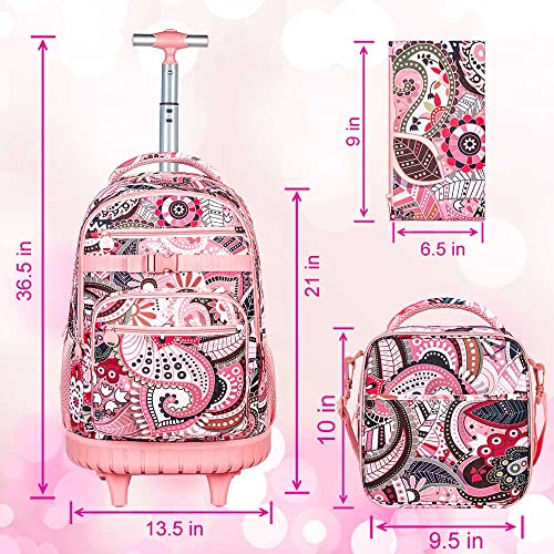 AGSDON Rolling Backpack for Girls, Women Roller Wheels Bookbag, Laptop Wheeled School Bag with Wheels for Teens - Pink 01