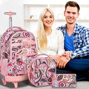 AGSDON Rolling Backpack for Girls, Women Roller Wheels Bookbag, Laptop Wheeled School Bag with Wheels for Teens - Pink 01