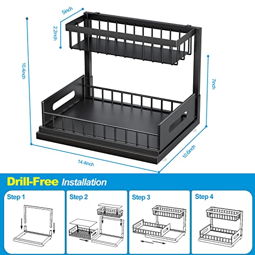 Statiem Under Sink Organizer, 2-Tier Under Sink Organizers and Storage Stainless Steel Drill-Free Rustproof Pull Out Cabinet Organizer for Bathroom Kitchen Organizers and Storage