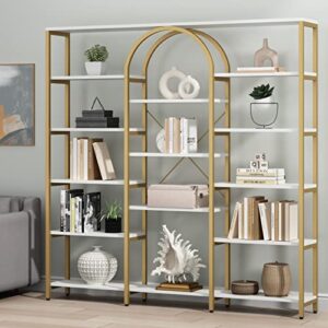 gyfimoie triple wide gold bookshelf, 70.87" w x 71.34" h large modern etagere bookcase, tall display shelf with 13-tier open shelves, freestanding staggered storage shelf for home office (white/gold)