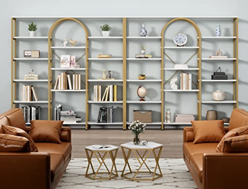 Gyfimoie Triple Wide Gold Bookshelf, 70.87" W x 71.34" H Large Modern Etagere Bookcase, Tall Display Shelf with 13-Tier Open Shelves, Freestanding Staggered Storage Shelf for Home Office (White/Gold)