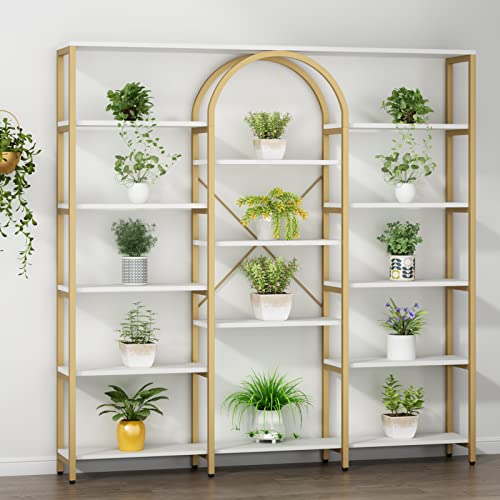 Gyfimoie Triple Wide Gold Bookshelf, 70.87" W x 71.34" H Large Modern Etagere Bookcase, Tall Display Shelf with 13-Tier Open Shelves, Freestanding Staggered Storage Shelf for Home Office (White/Gold)