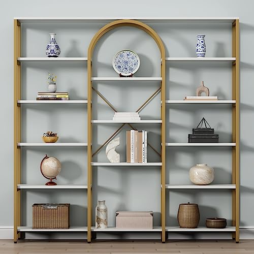 Gyfimoie Triple Wide Gold Bookshelf, 70.87" W x 71.34" H Large Modern Etagere Bookcase, Tall Display Shelf with 13-Tier Open Shelves, Freestanding Staggered Storage Shelf for Home Office (White/Gold)