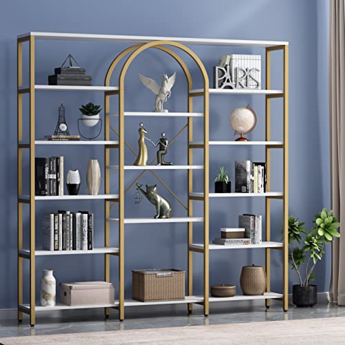 Gyfimoie Triple Wide Gold Bookshelf, 70.87" W x 71.34" H Large Modern Etagere Bookcase, Tall Display Shelf with 13-Tier Open Shelves, Freestanding Staggered Storage Shelf for Home Office (White/Gold)