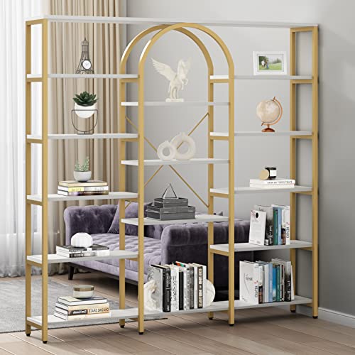 Gyfimoie Triple Wide Gold Bookshelf, 70.87" W x 71.34" H Large Modern Etagere Bookcase, Tall Display Shelf with 13-Tier Open Shelves, Freestanding Staggered Storage Shelf for Home Office (White/Gold)