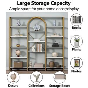 Gyfimoie Triple Wide Gold Bookshelf, 70.87" W x 71.34" H Large Modern Etagere Bookcase, Tall Display Shelf with 13-Tier Open Shelves, Freestanding Staggered Storage Shelf for Home Office (White/Gold)