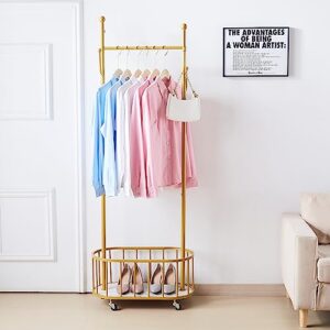 BOOSDEN Clothing Rack with Wheels，Metal Rolling Garment Rack for Hanging Clothes, Clothes Hanger Rack with 4 Hooks