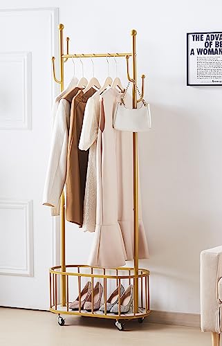 BOOSDEN Clothing Rack with Wheels，Metal Rolling Garment Rack for Hanging Clothes, Clothes Hanger Rack with 4 Hooks