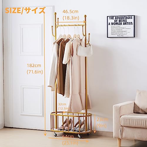 BOOSDEN Clothing Rack with Wheels，Metal Rolling Garment Rack for Hanging Clothes, Clothes Hanger Rack with 4 Hooks