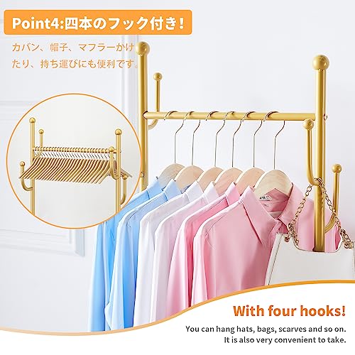 BOOSDEN Clothing Rack with Wheels，Metal Rolling Garment Rack for Hanging Clothes, Clothes Hanger Rack with 4 Hooks