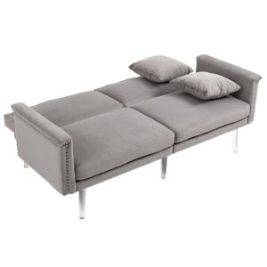 TMEOSK Convertible Futon Sleeper Sofa Bed with 2 Pillows and Armrest, Mid Century Modern Velvet Loveseat Adjustable Couch for Living Room Office Compact Small Space (Gray)