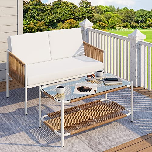 JAMFLY Patio Furniture 2 Piece Wicker Set, Outdoor Patio Furniture Rattan Conversation Set, All Weather Patio Set Loveseat Sofa for Backyard, Balcony, Porch with Soft Cushions and Glass Table