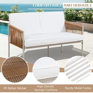 JAMFLY Patio Furniture 2 Piece Wicker Set, Outdoor Patio Furniture Rattan Conversation Set, All Weather Patio Set Loveseat Sofa for Backyard, Balcony, Porch with Soft Cushions and Glass Table