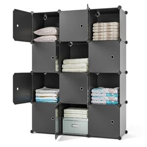 gimtrr closet organizer, 12-cube storage with doors, closet organizers and storage shelves, portable closet storage system, clothes organizer storage shelf for bedroom, wardrobe, black