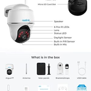 REOLINK 4MP Solar Security Camera Outdoor Wireless, No Hub Needed, Battery Powered Camera with 360° Pan-Tilt, 2.4Ghz WiFi Only, Smart Detection, No Monthly Fee, Argus PT+Solar Panel(Renewed)