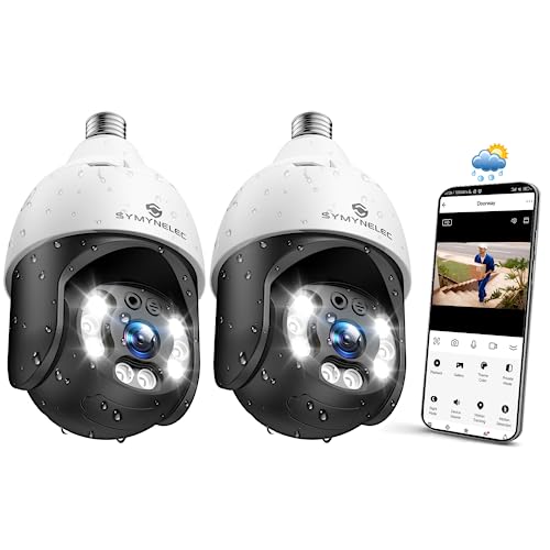 SYMYNELEC Light Bulb Security Camera Outdoor Waterproof 2K, 2.4GHz Wireless WiFi Light Socket Security Cam with Color Night Vision Human Motion Detection Tracking IP65 Works with Alexa Google (2 PCS)