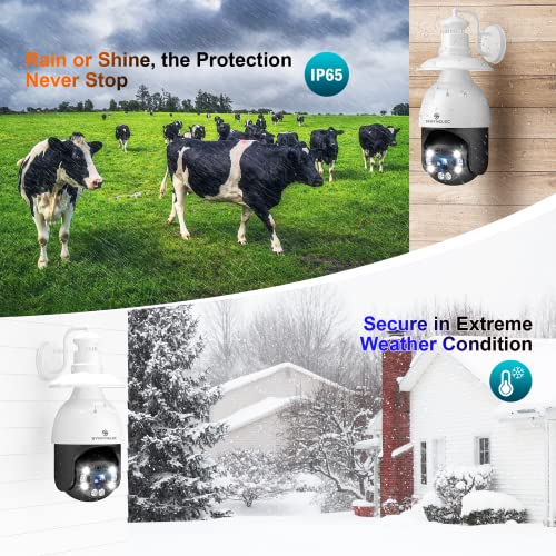 SYMYNELEC Light Bulb Security Camera Outdoor Waterproof 2K, 2.4GHz Wireless WiFi Light Socket Security Cam with Color Night Vision Human Motion Detection Tracking IP65 Works with Alexa Google (2 PCS)